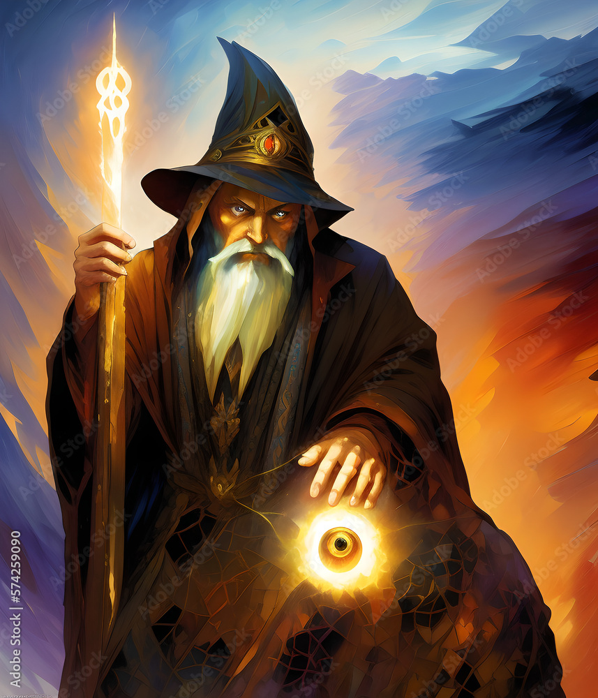 An old wise wizard / sorcerer / magician / mage / warlock with a staff ...