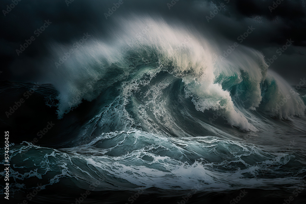 Powerful, apocalyptic waves in an ocean; transcendent art commission ...