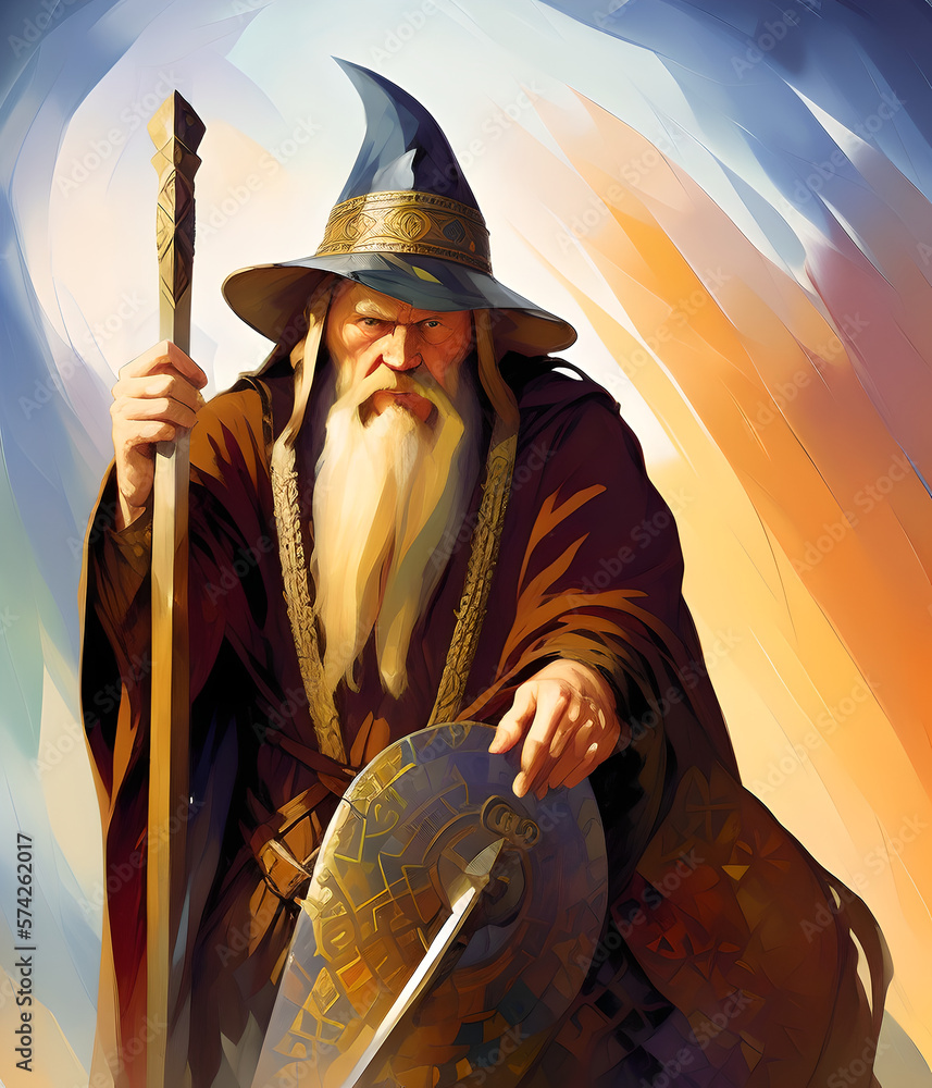 An old wise wizard / sorcerer / magician / mage / warlock with a staff ...
