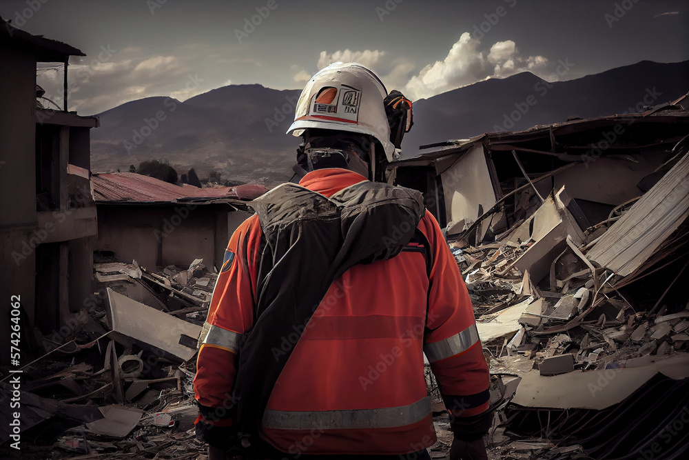 Rescuers in uniform and helmets dismantle the rubble of houses after ...