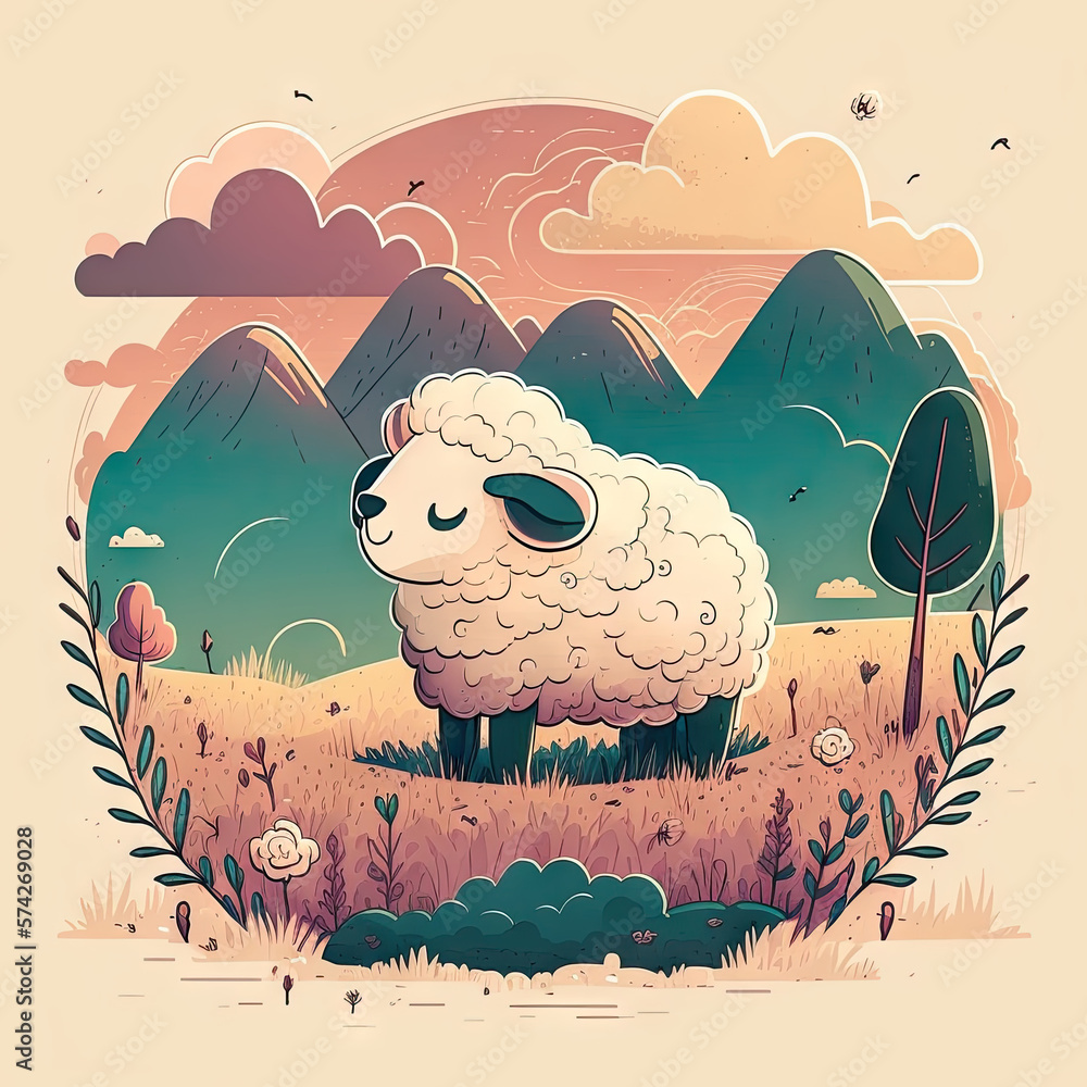 Cartoon Illustration of Sheep in Meadow - Bring Positive Vibes with ...