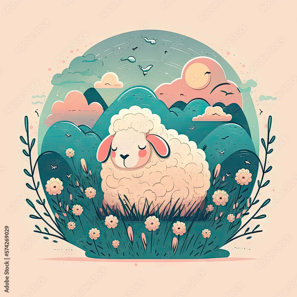 Cartoon Illustration of Sheep in Meadow - Bring Positive Vibes with ...