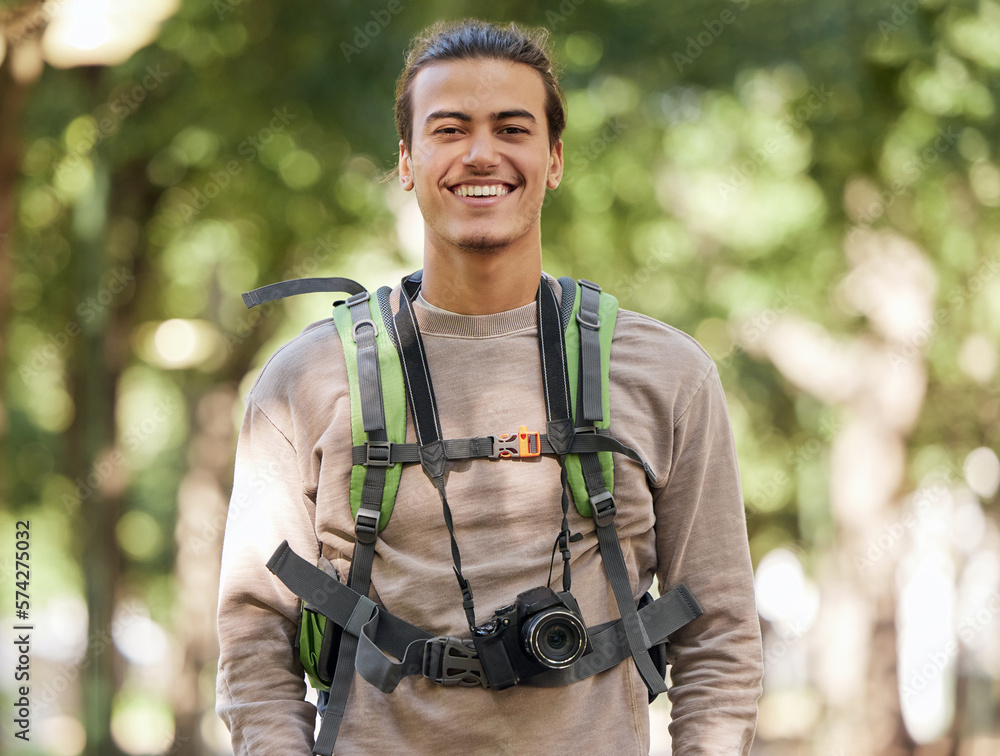 Hiking photographer, portrait and man in forest for backpack adventure ...