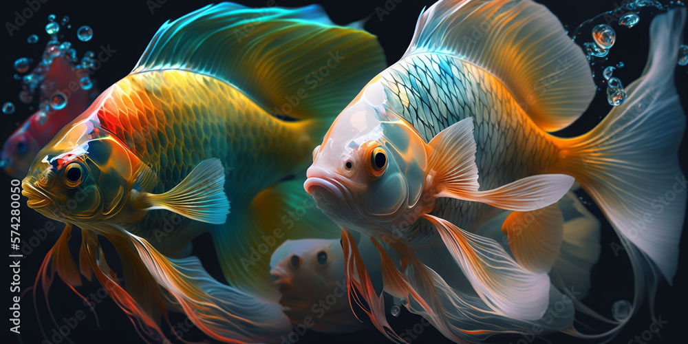 fantasy Glowfin, glpwing bioluminescent fish with iridescent scales and ...