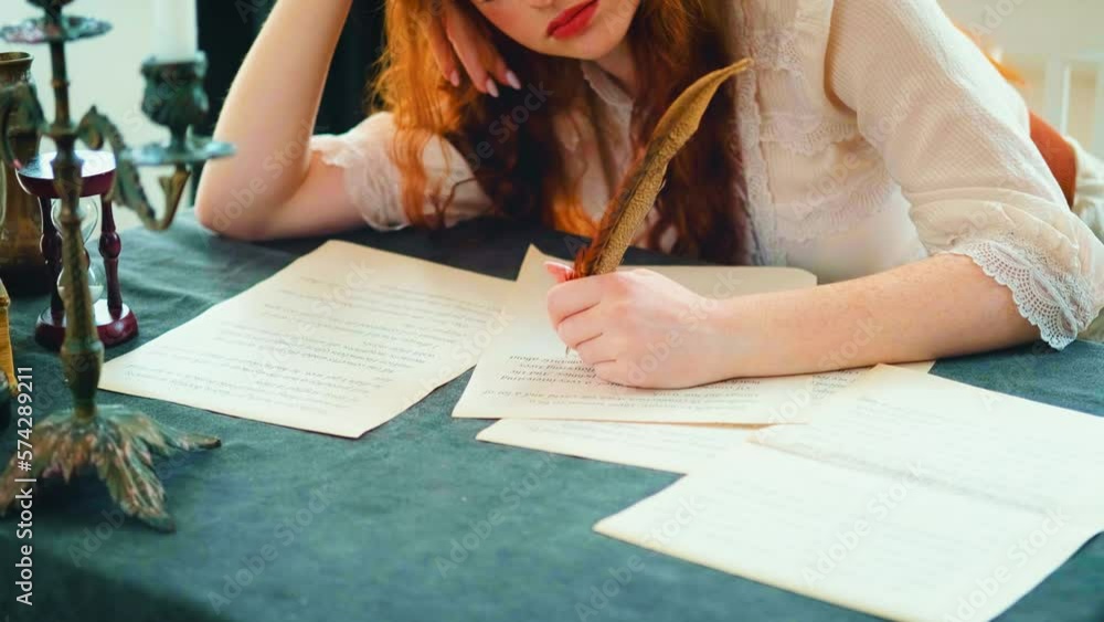 Girl fantasy princess sits at desk writes letter on sheet paper. woman ...