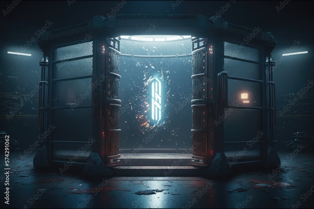 Cage fight arena . Interior view of fighting arena with fans and ...