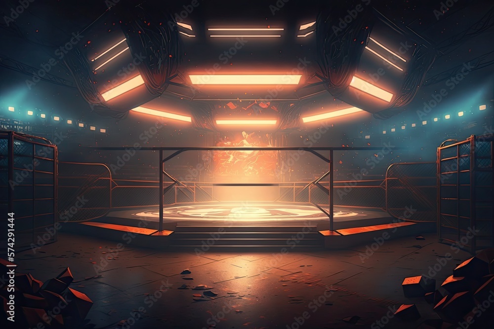 Cage fight arena . Interior view of fighting arena with fans and shining spotlights,Generative ...