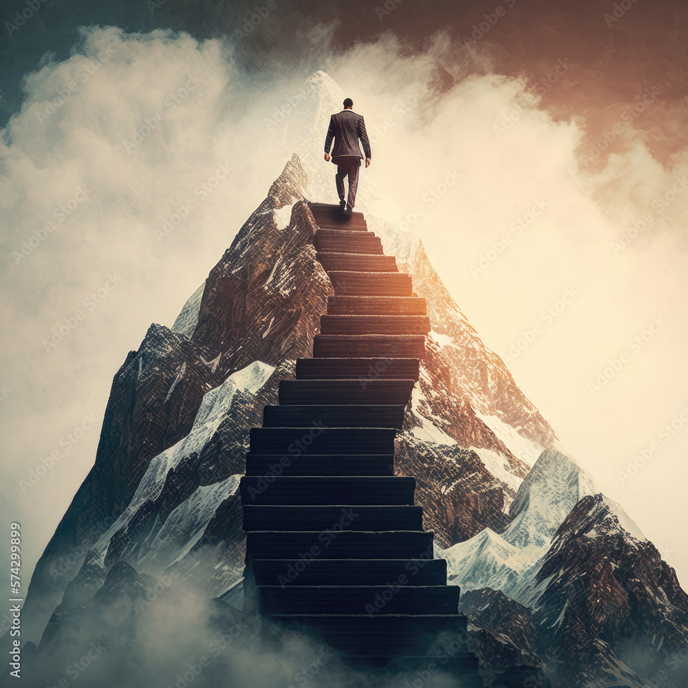 business man climbing a stair on mountain peak. Success and achievement ...