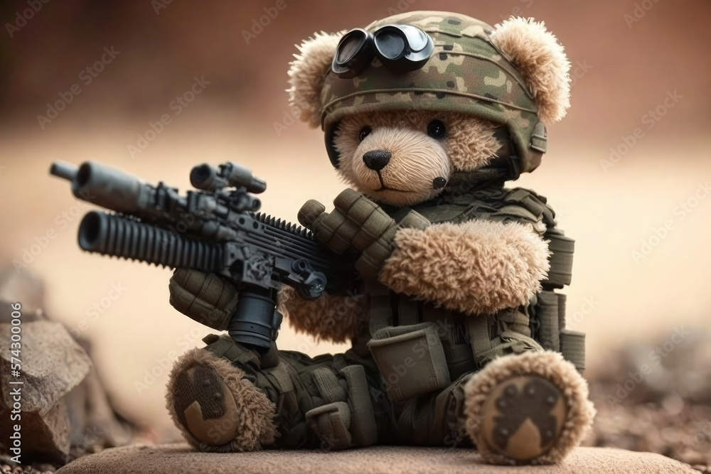 teddy bear as american soldier in afghanistan holding a machine gun ...