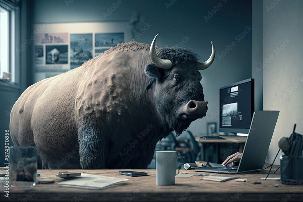 A fat buffalo is sitting at the office table in front of a computer ...
