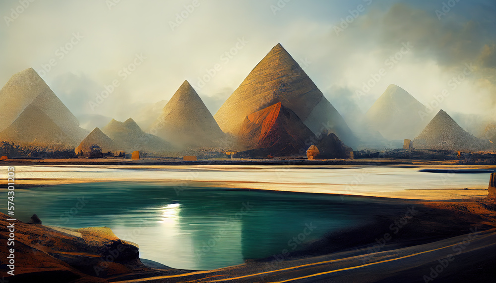 Egyptian pyramids by the lake. Giant sand pyramids. Fictional landscape ...