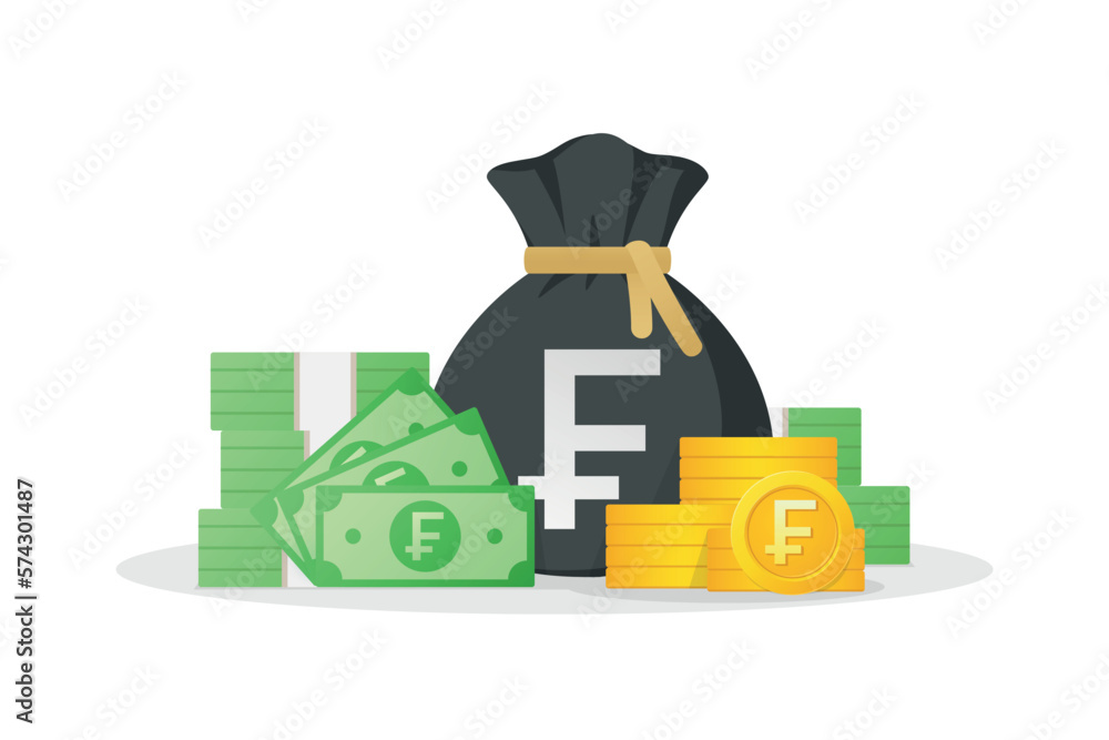 Frans money symbol. Money bag, banknotes and gold coins with Swiss ...