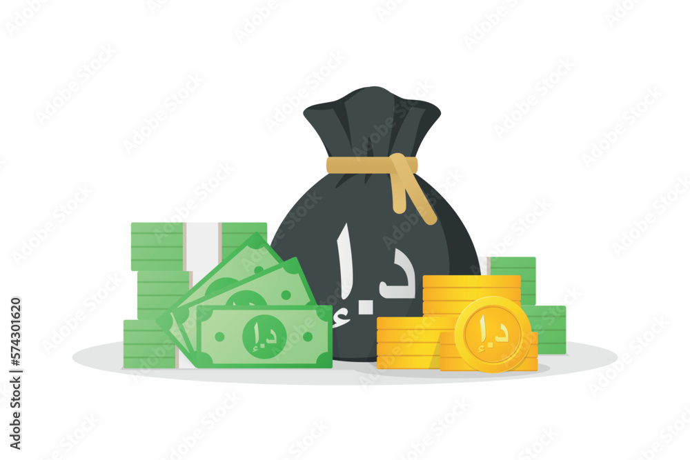 United Arab Emirates Dirham money. Money bag, banknotes and gold coins ...