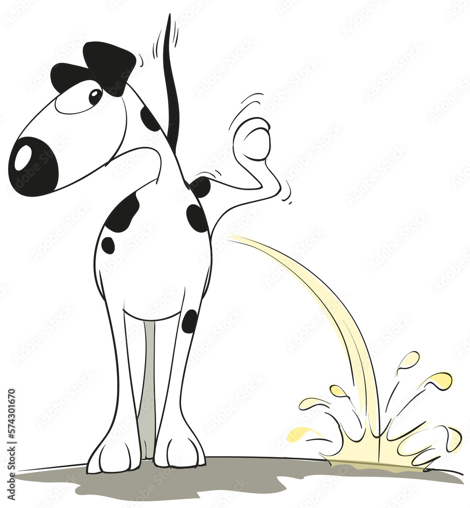 Perro meando en la calle. Caricatura de dálmata orinando. ilustração do ...