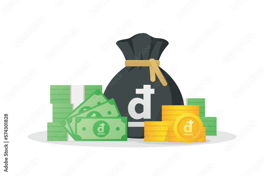 Vietnamese money icon. Money bag, banknotes and gold coins with Vietnam ...