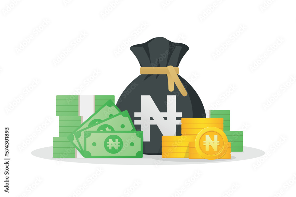 Nigerian money icon. Money bag, banknotes and gold coins with naira ...