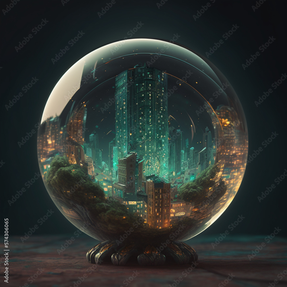 A cyberpunk city inside a glass sphere Stock Illustration | Adobe Stock