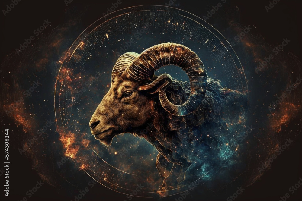 Aries (the ram) zodiac sign against universe background, horoscope ...