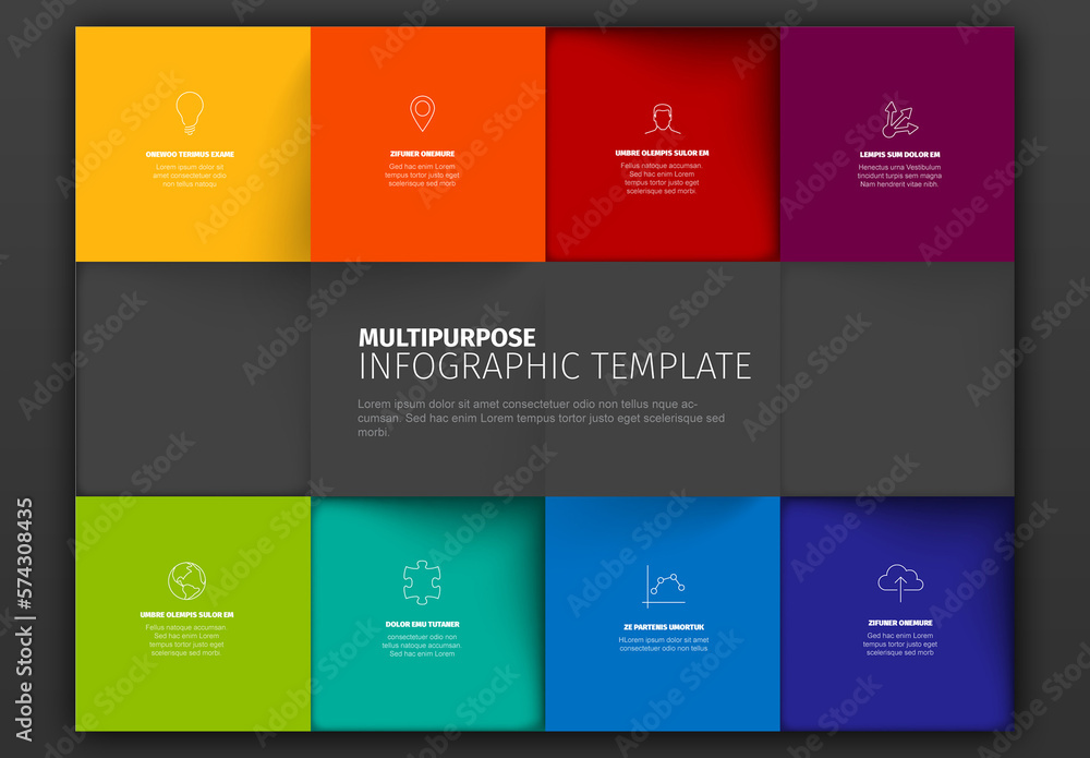 Multipurpose colorful mosaic infographic made from squares with dark ...