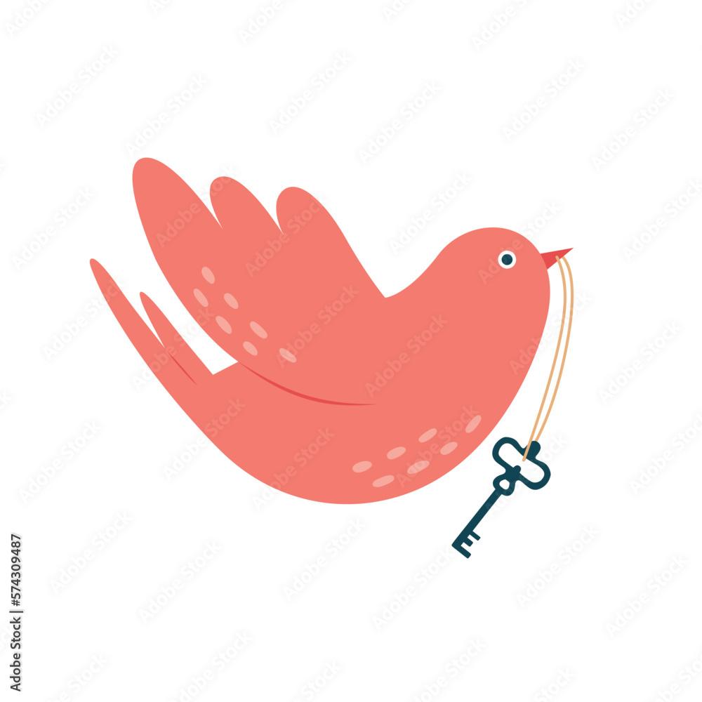 Cute flying bird with key in beak. Clipart in pastel shades with birdie ...