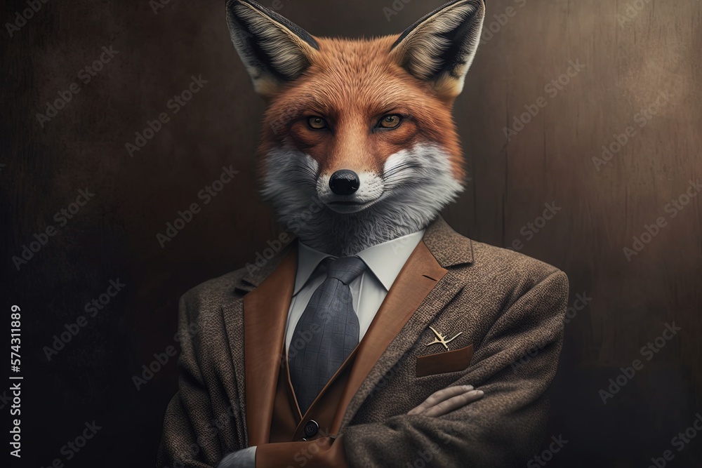 Portrait of fox in a business suit at the office. Cunning as a fox ...