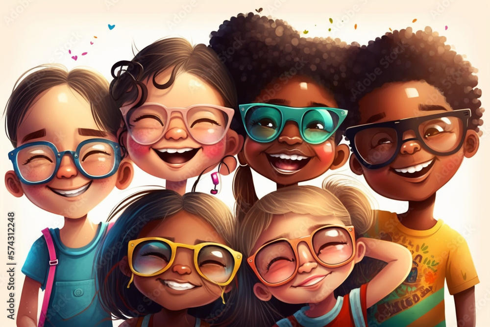 Multi-ethnic happy children faces with glasses. Ai generated ...