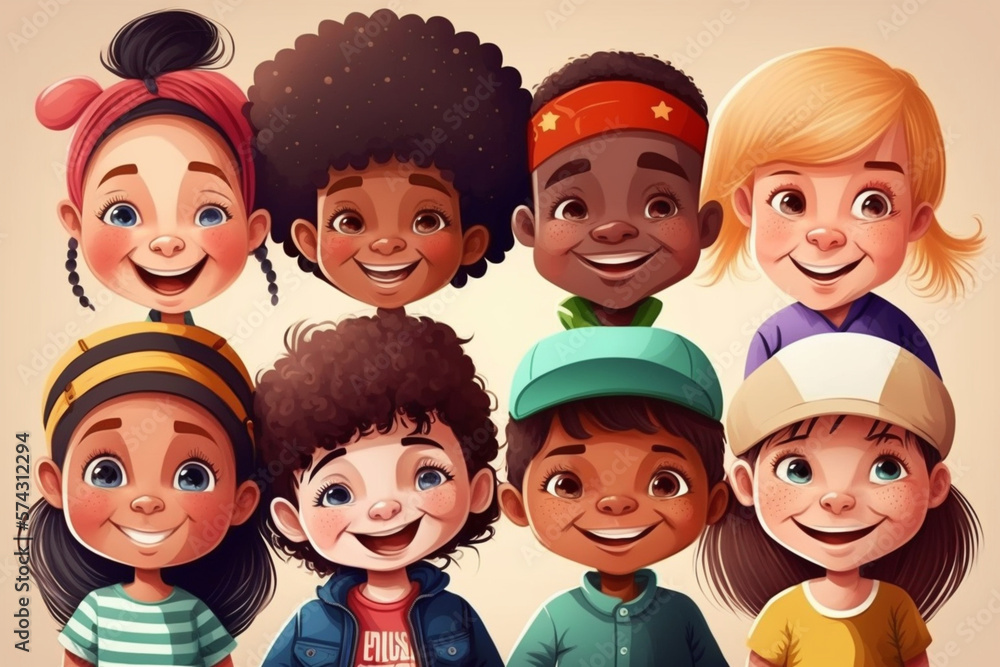 Happy cartoon kids with different ethnicity. Ai generated. Flat ...