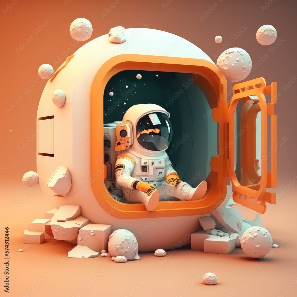 astronaut floating in a space station, with a space helmet digital ...