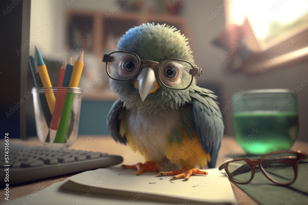Generative AI illustration of cartoon bird in office Stock Illustration ...