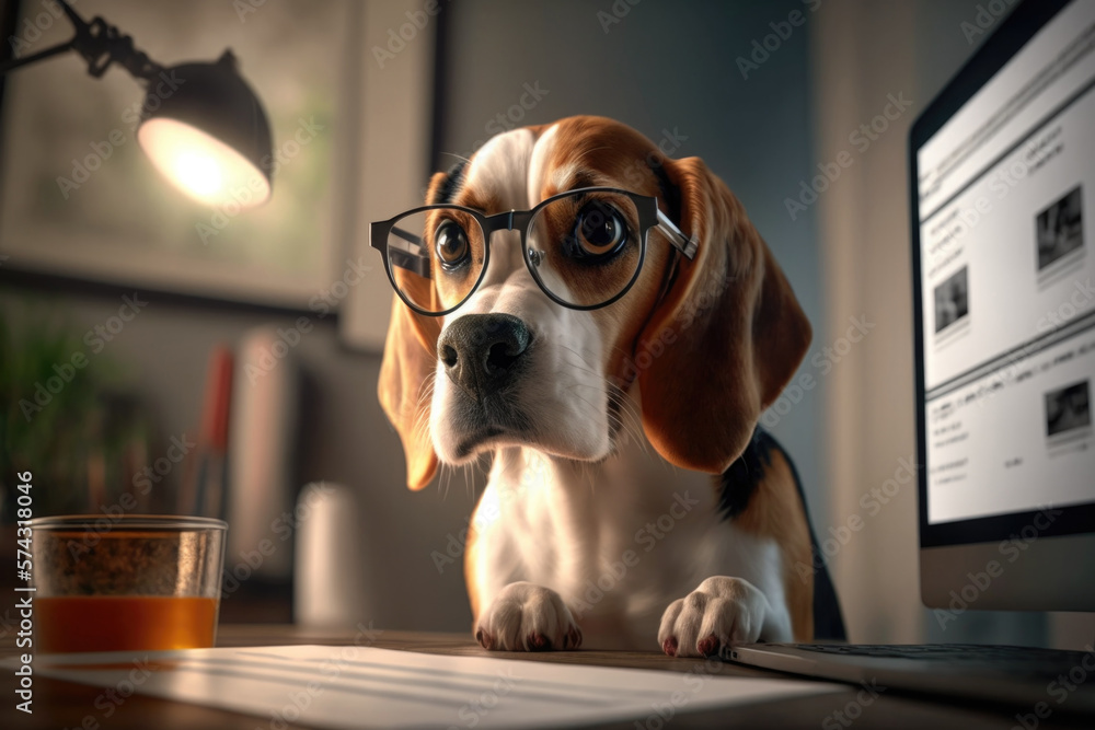 Generative AI picture of dog entrepreneur working at table with PC ...