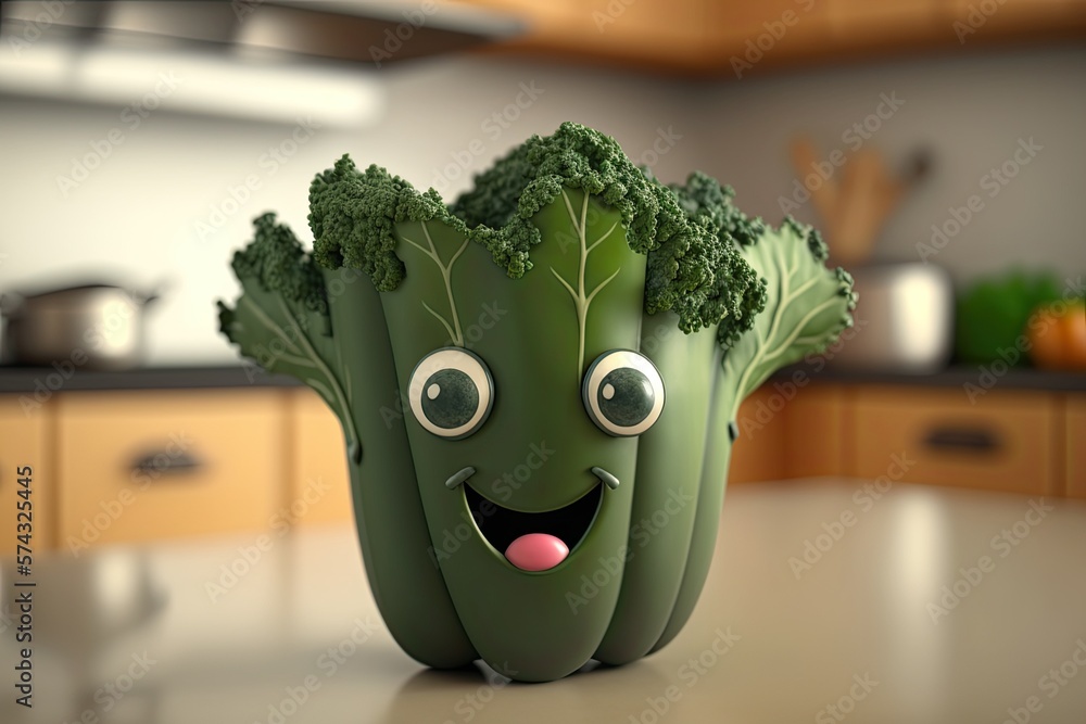 Cute Cartoon Kale Character on a Counter with a Kitchen Background ...