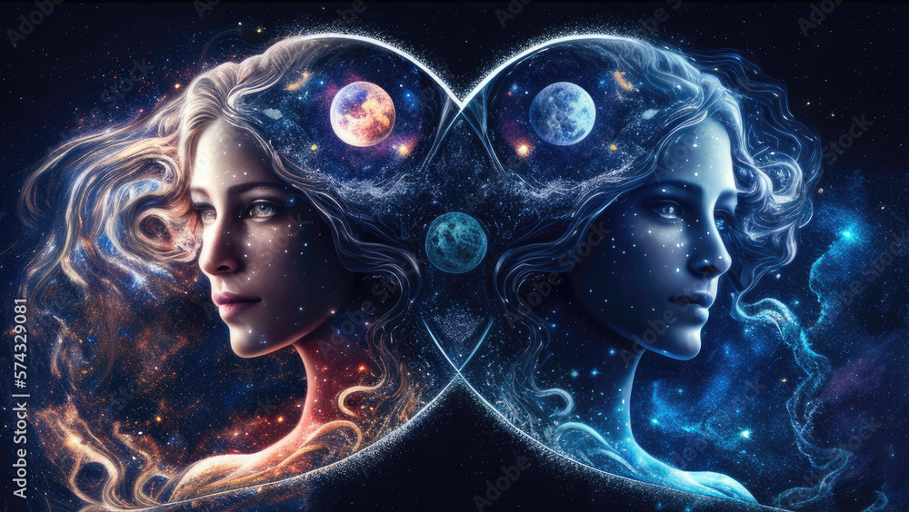 Gemini twin beautiful woman zodiac sign against space nebula background ...