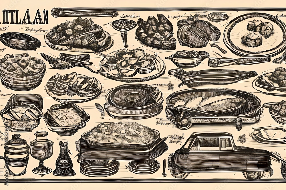 Italian Cuisine illustration. Set of traditional italian dishes. Food ...