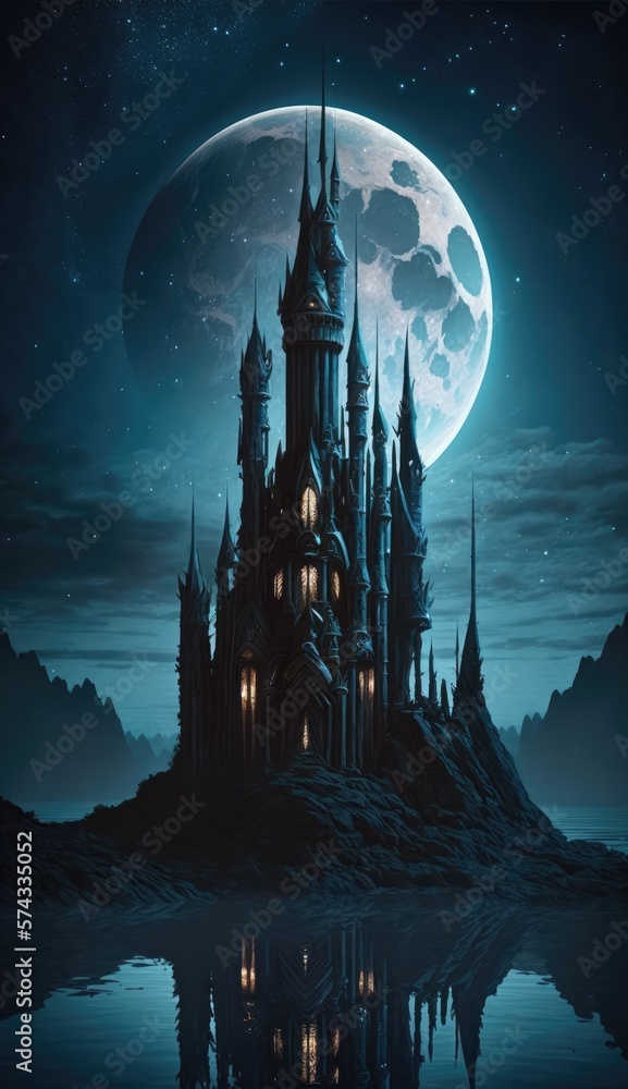High towers of magical castle in the moonlight. Fantasy and magic night ...