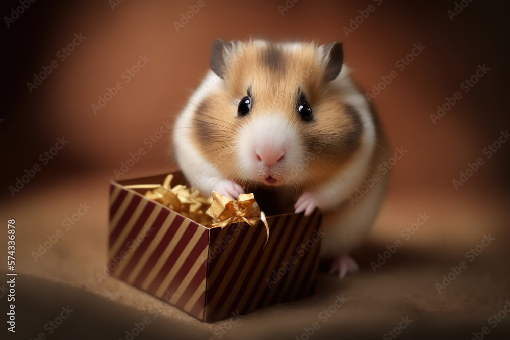 Generative AI illustration of innocent little hamster with gift box ...