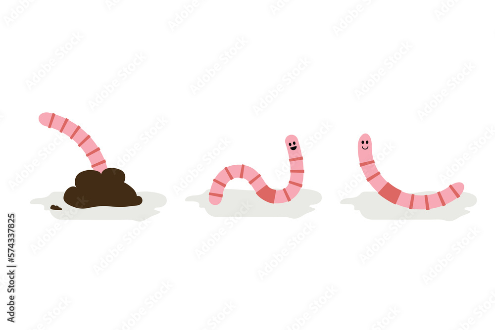 Set of cute earthworms vector illustration. Smiling cartoon characters ...
