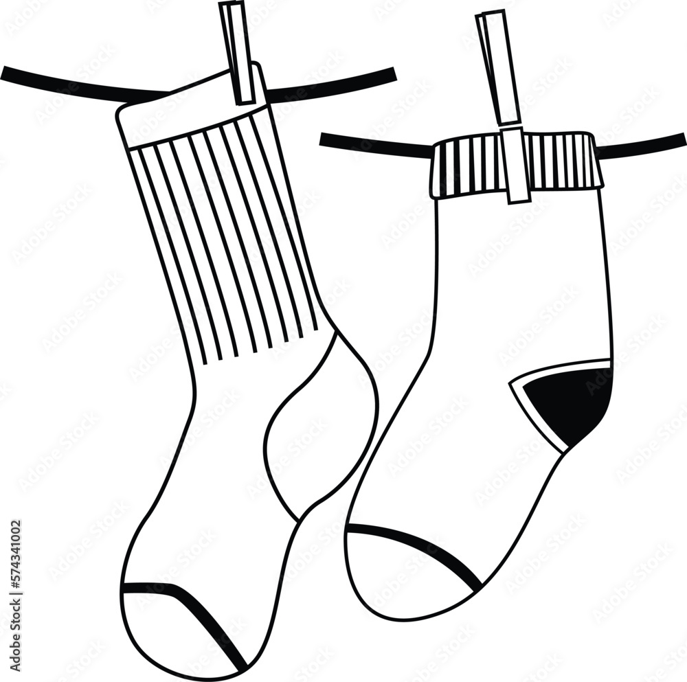 socks hanging on a rope vector art illustration. sock line drawing ...