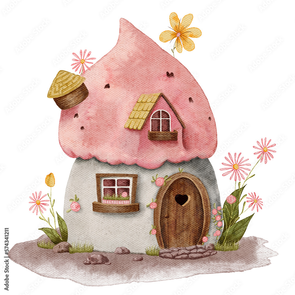 Pink watercolor cute house. Fairytale gnome house white with pink roof ...