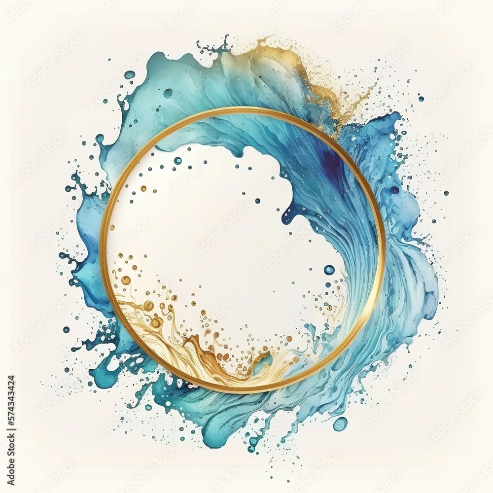 gold circle frame on gold and blue watercolor abstract background. AI ...