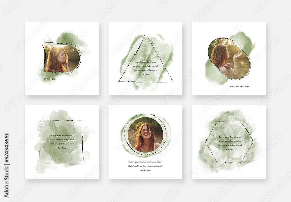 Creative Social Media Posts With Green Watercolor Smudges and Photo ...