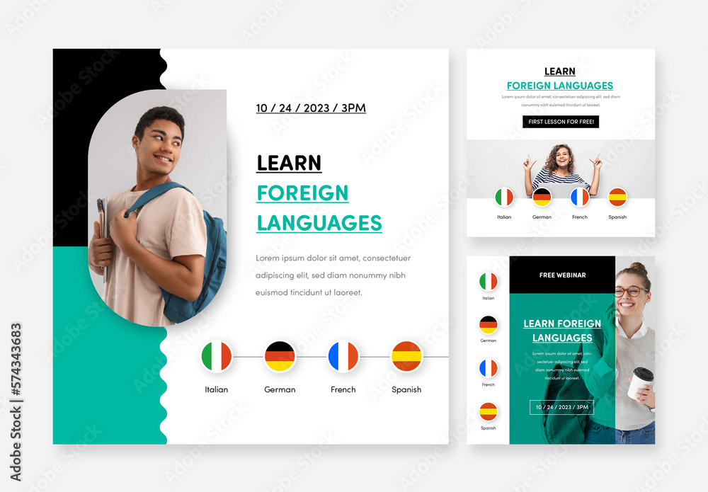 Social Media Layouts For Course of Foreign Languages Stock Template ...