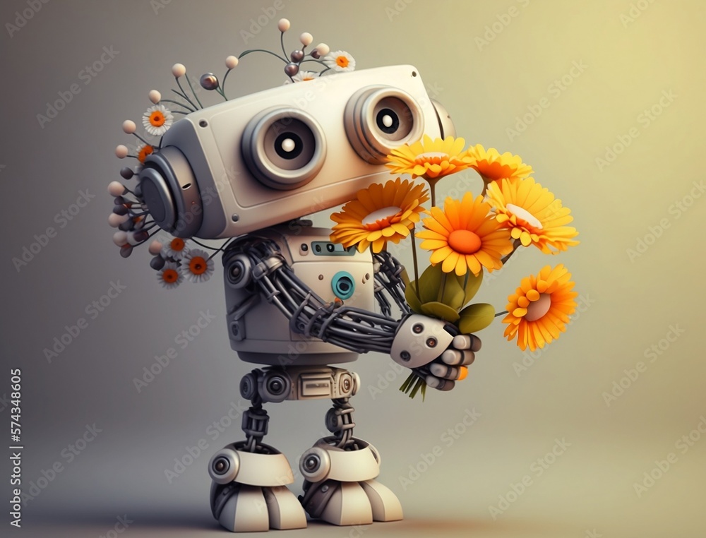 Cute robot holds bouquet of flowers, copy space. Funny robot with ...
