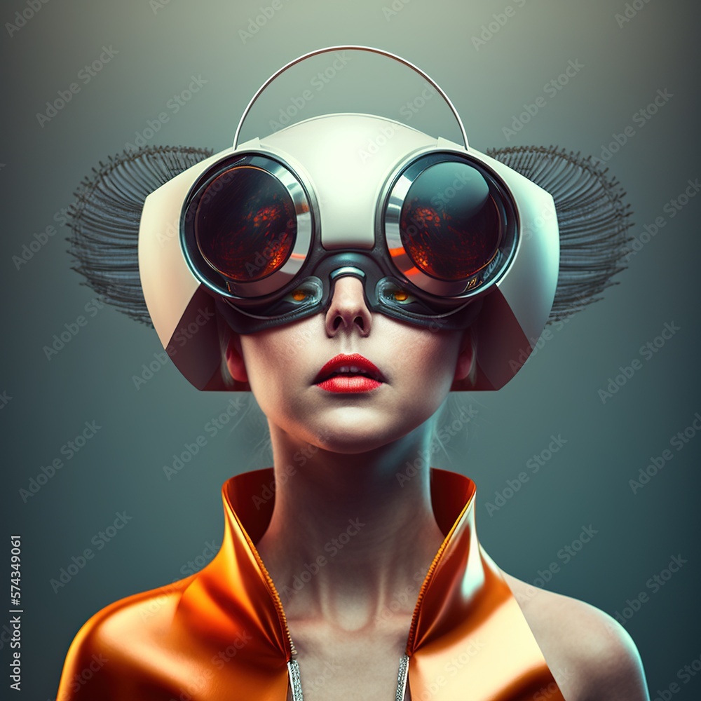 Portrait of a female wearing futuristic clothing and VR headset ...