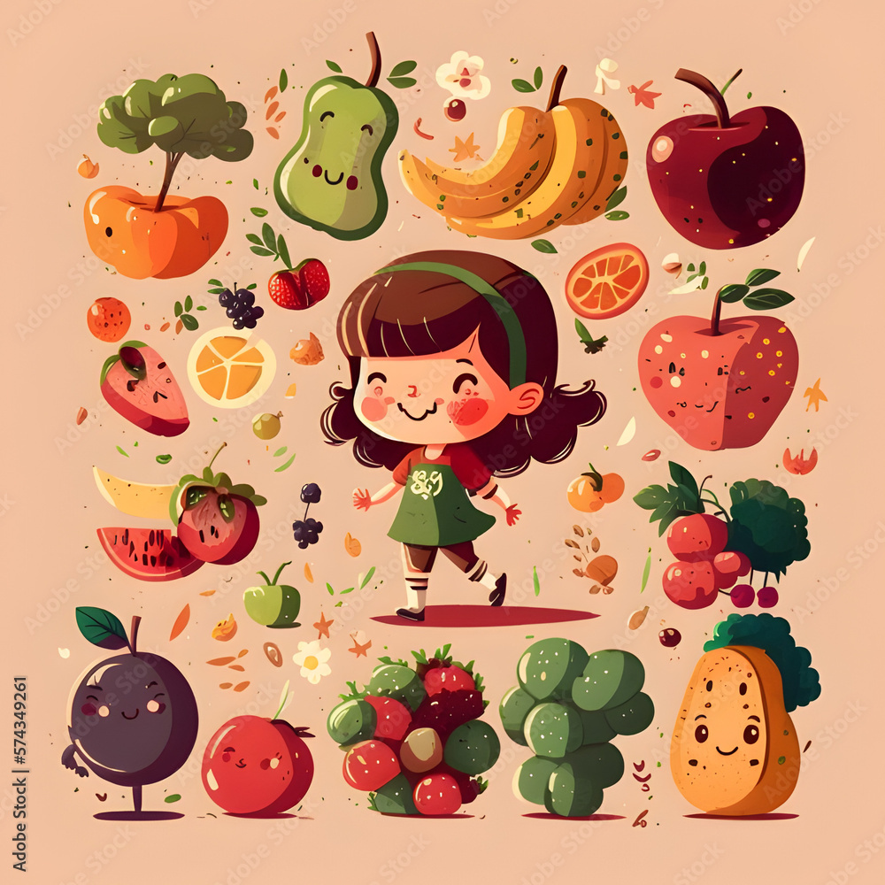 fruits and vegetables girl child cartoon animation orange strawberry ...