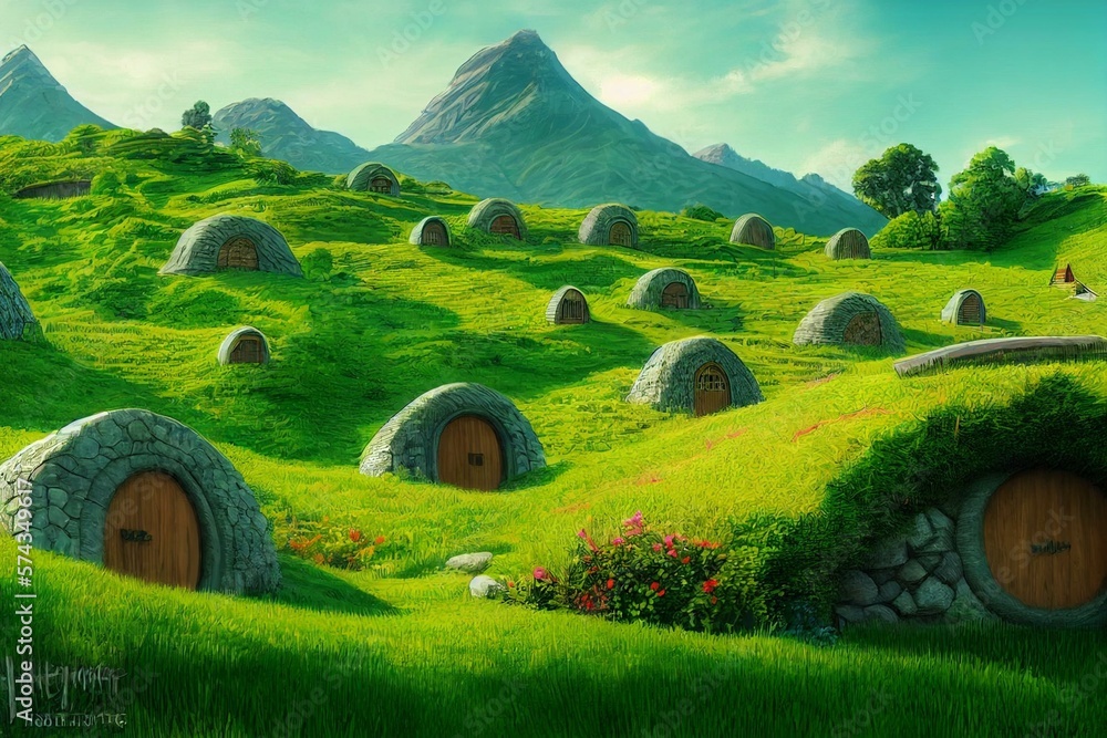 Green hills and hobbit houses in the summer at the shire. Inspiration ...