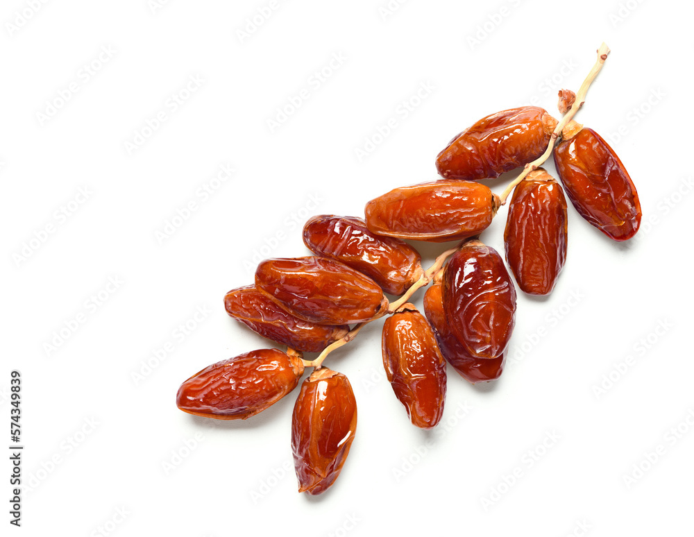 Top view of dried dates fruits with stem isolated on white background ...