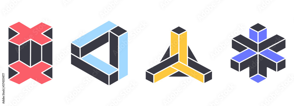 Impossible geometric shapes. Optical illusion, unreal abstract elements ...