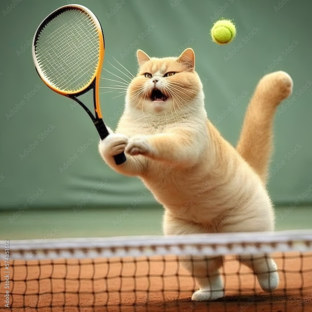 Cat plying tennis, cat in a tennis competition, british short hair ...