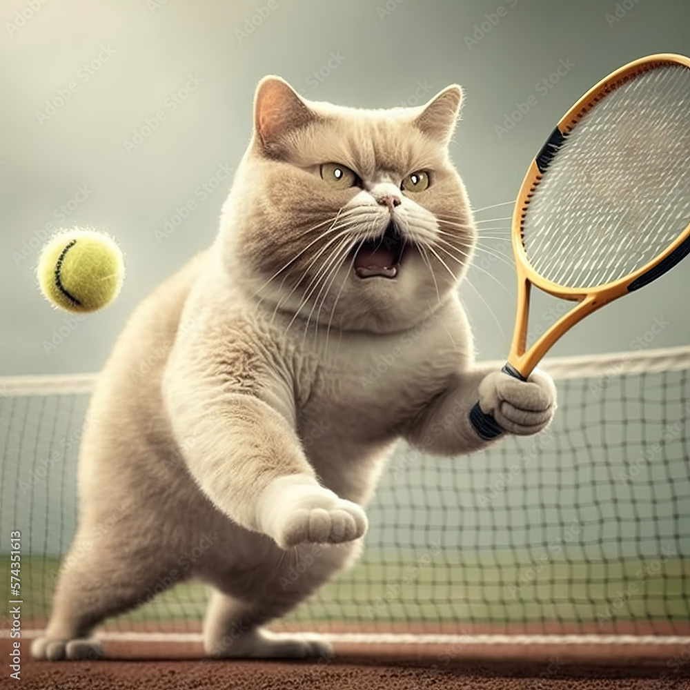Cat plying tennis, cat in a tennis competition, british short hair ...
