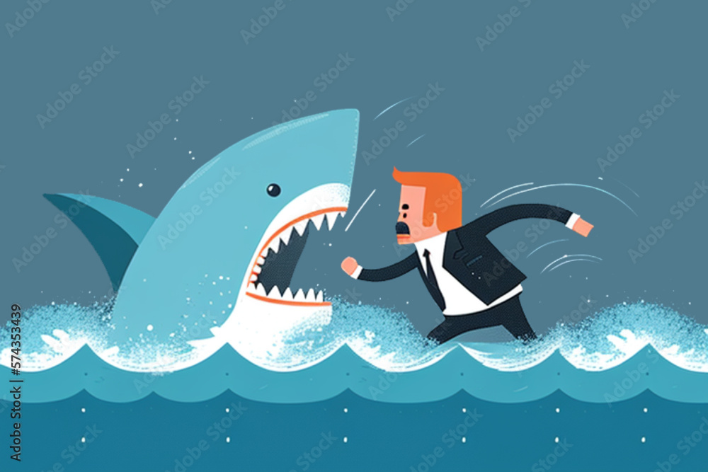 Cartoon image of a shark and a businessman fighting in the ocean ...